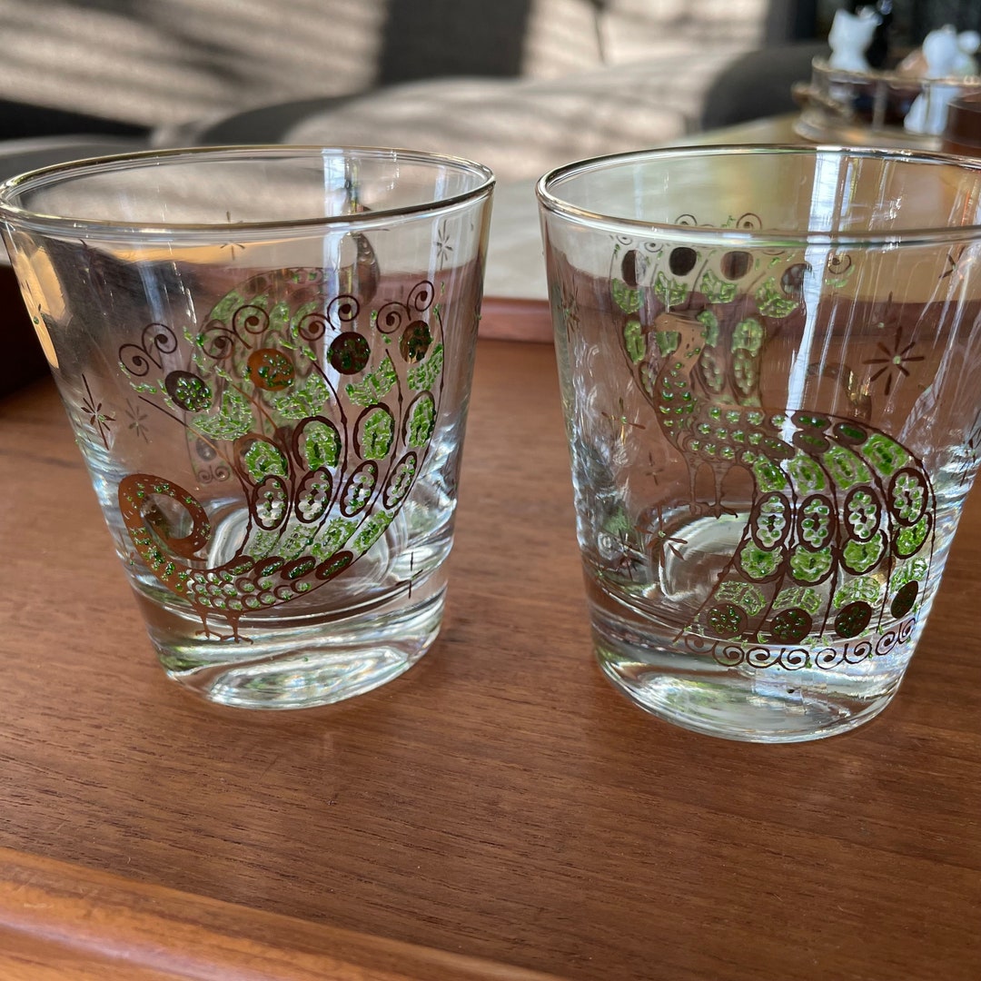 Vintage Set of 2 Lowball Peacock Glasses, Gold and Green Birds, Atomic ...