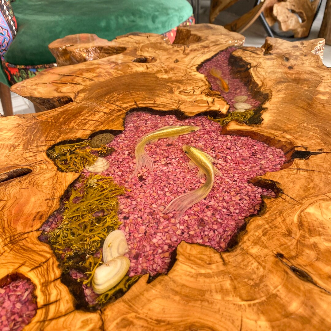 Koi Fish Epoxy Olive Wood Coffee Table, Unique Coffee Table, Live Edge ...