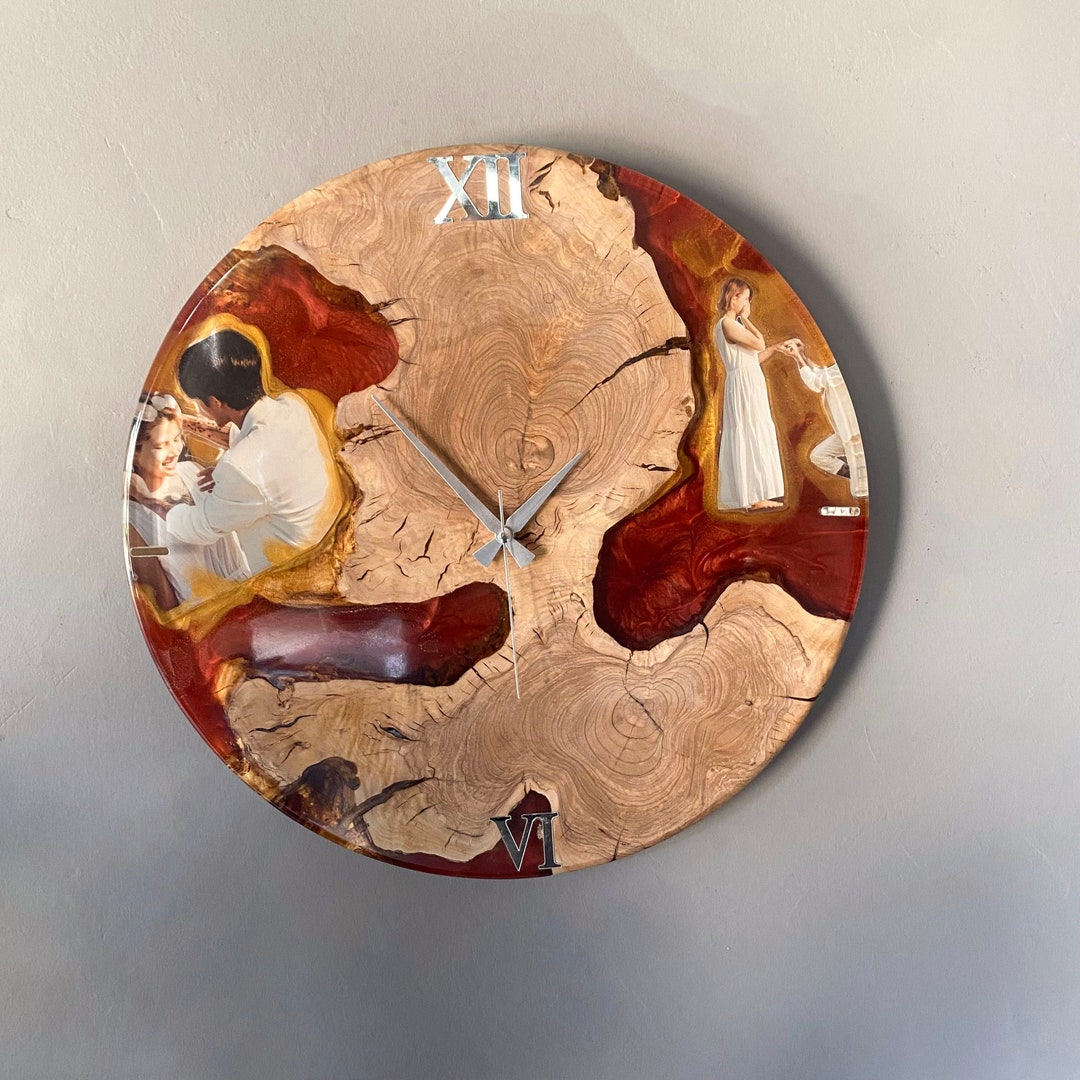 Custom Made Resin & Photo Olive Wood Wall Clock, Unique Wall Clock ...