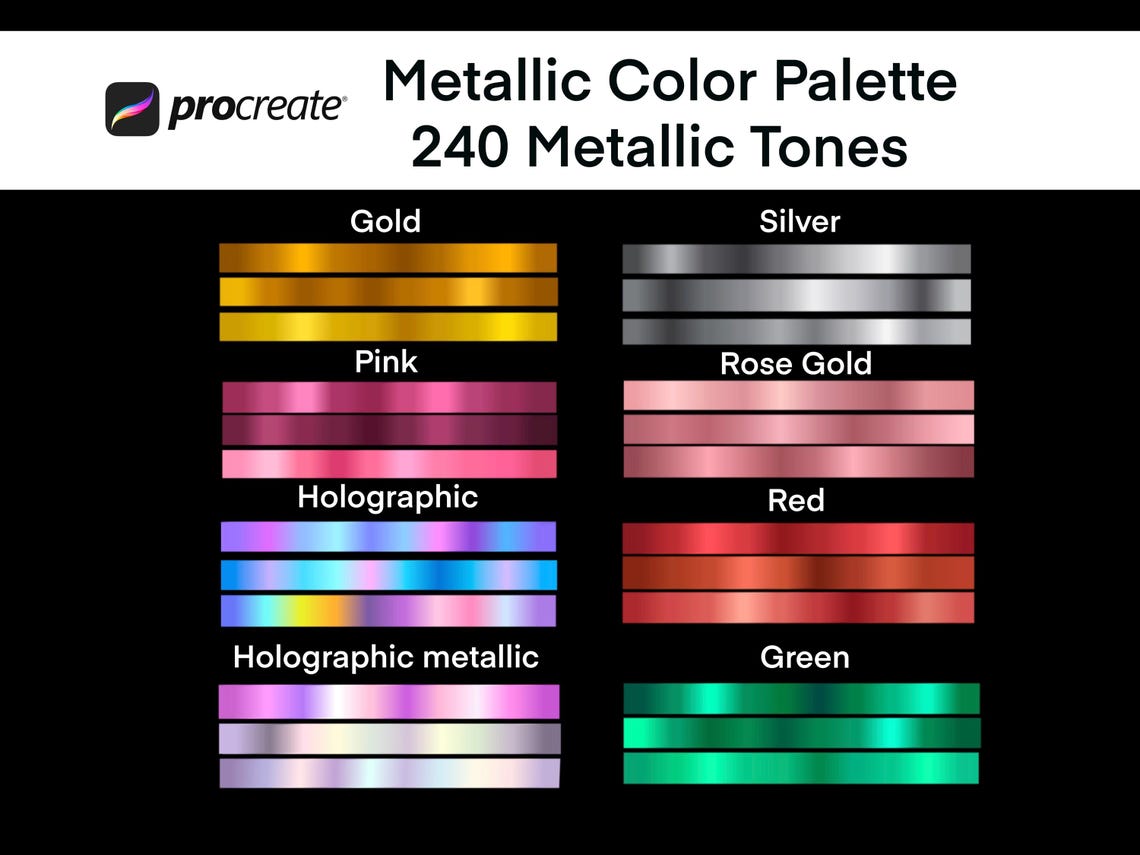 Metallic Procreate Palette: 240 Gold, Rose, Holographic, Silver Tones ...