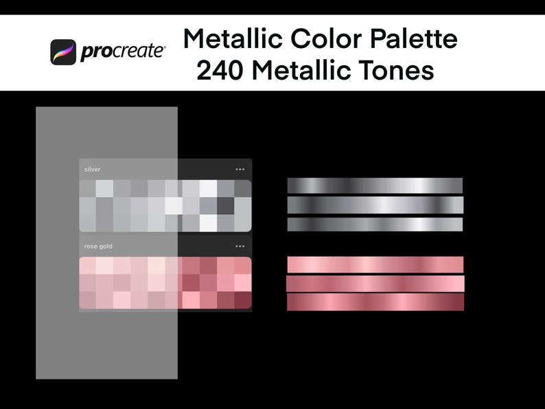 Metallic Procreate Palette: 240 Gold, Rose, Holographic, Silver Tones ...