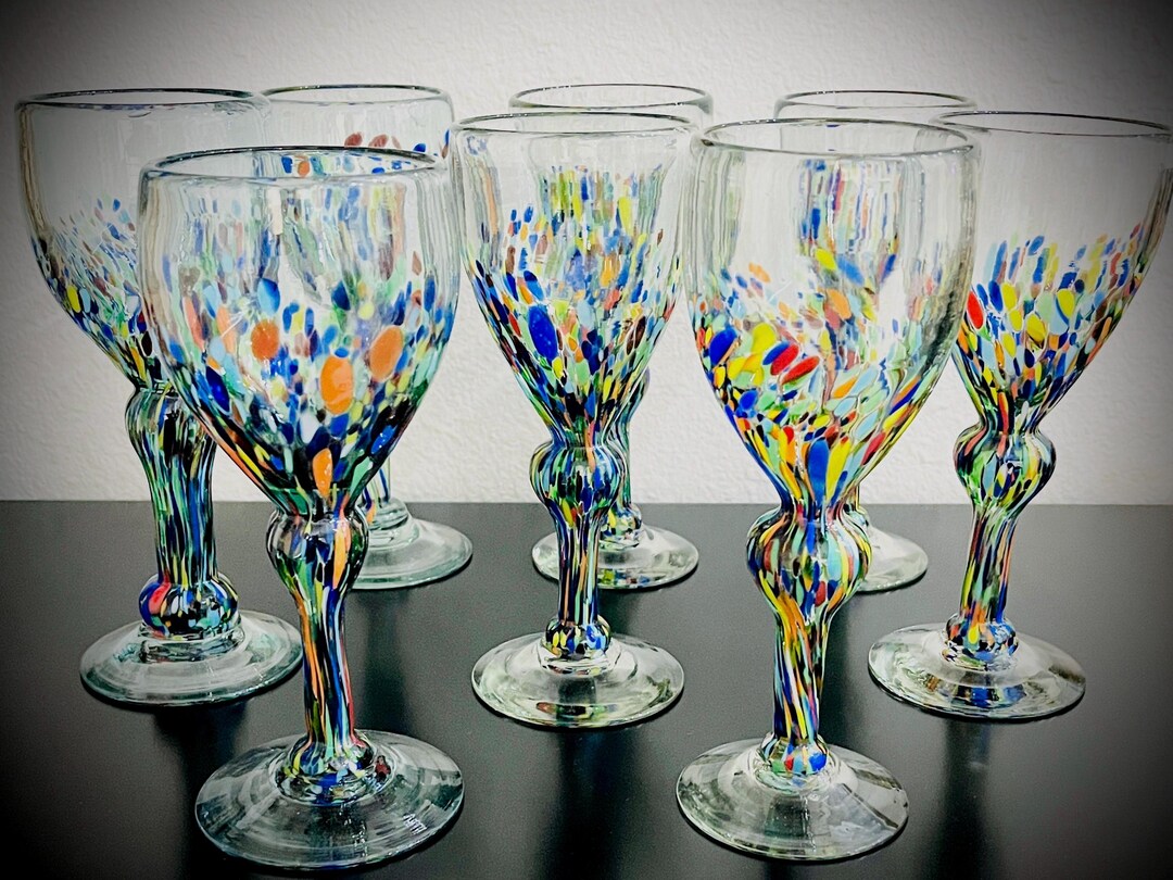Hand Blown Mexican Glass Wine Goblets With Melting Confetti Colors Set ...