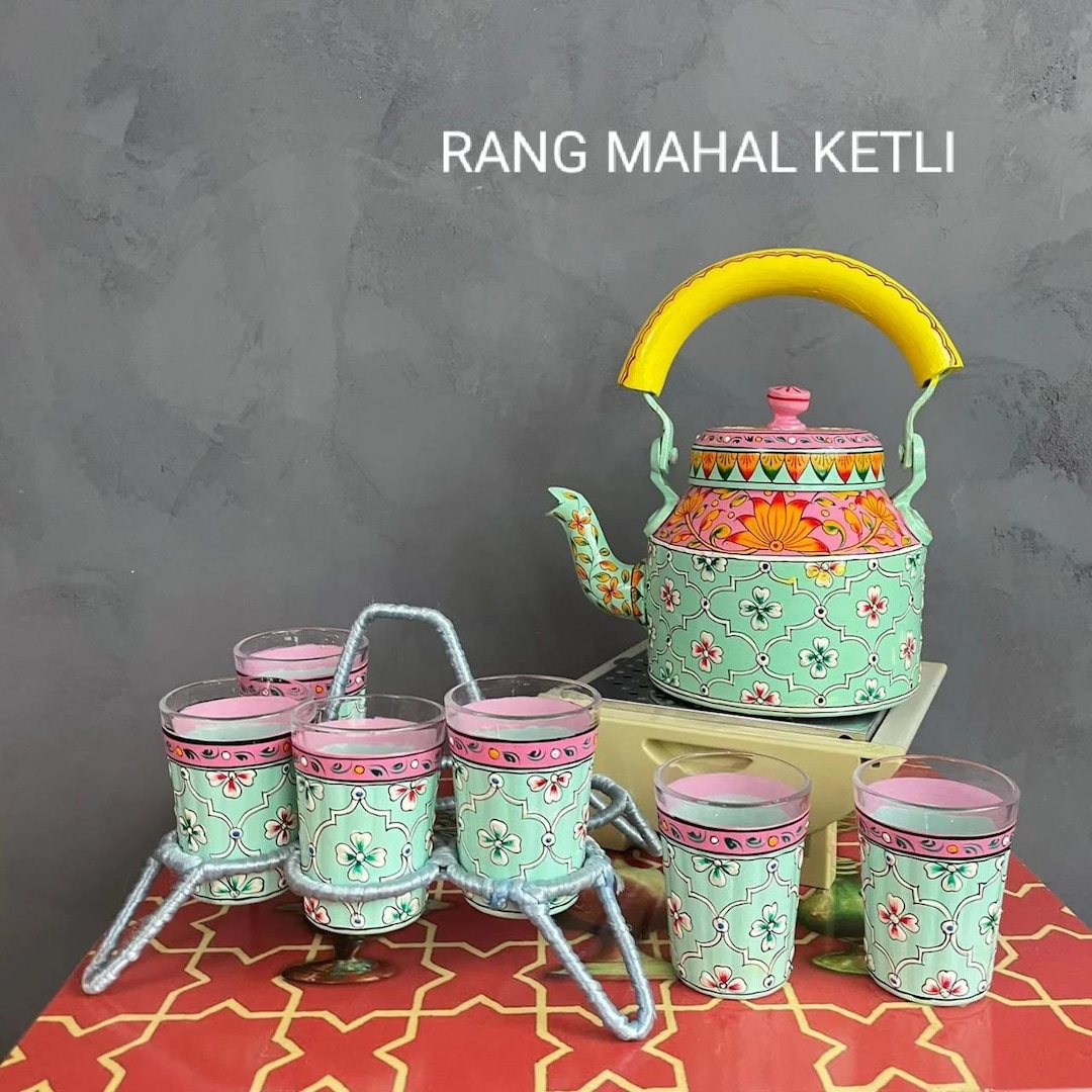 Hand-painted Tea Kettle Pink City, Tea Kettles With 6 Glass Sets ...
