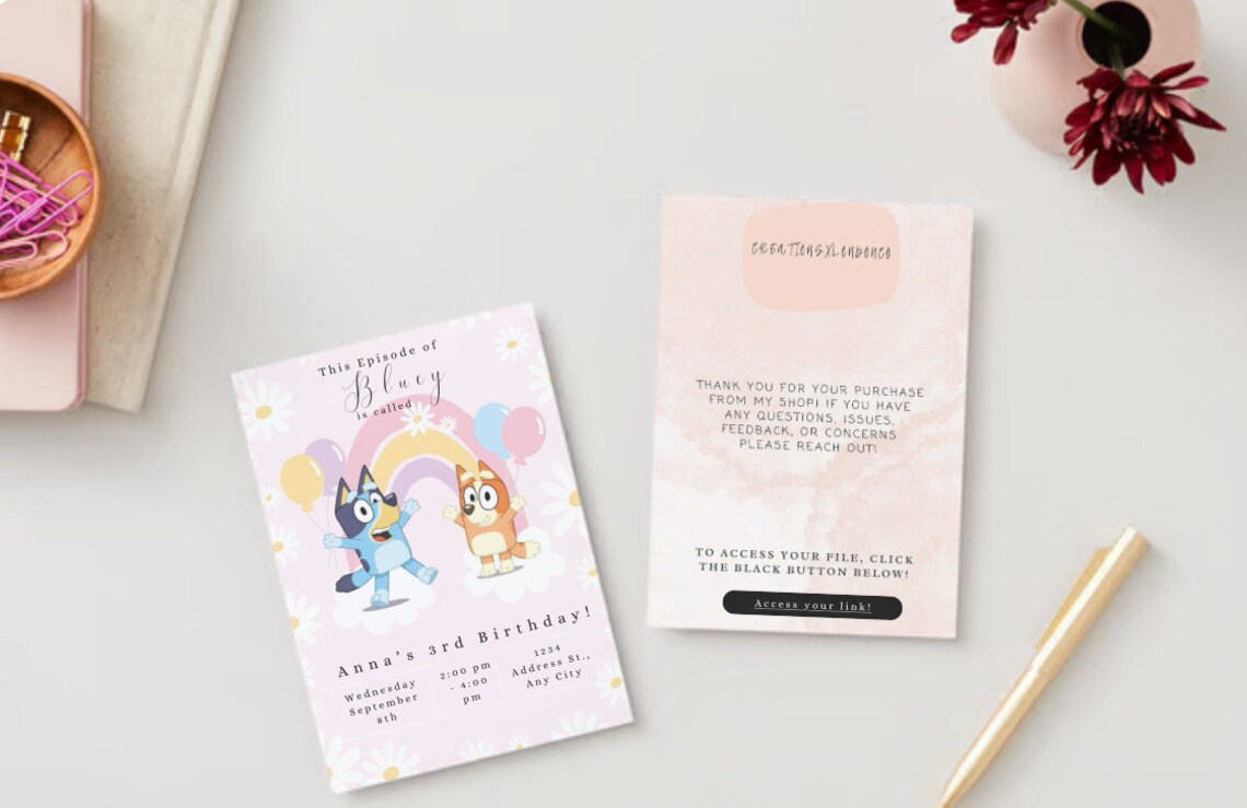 Bluey Birthday Party Invitation. Pink and White, Bluey Party. Digital ...