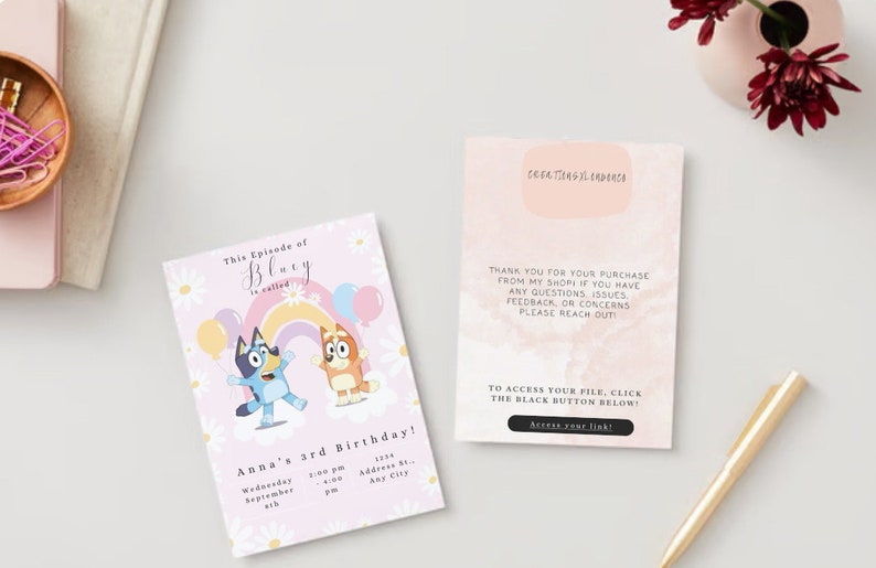 Bluey Birthday Party Invitation. Pink and White, Bluey Party. Digital ...