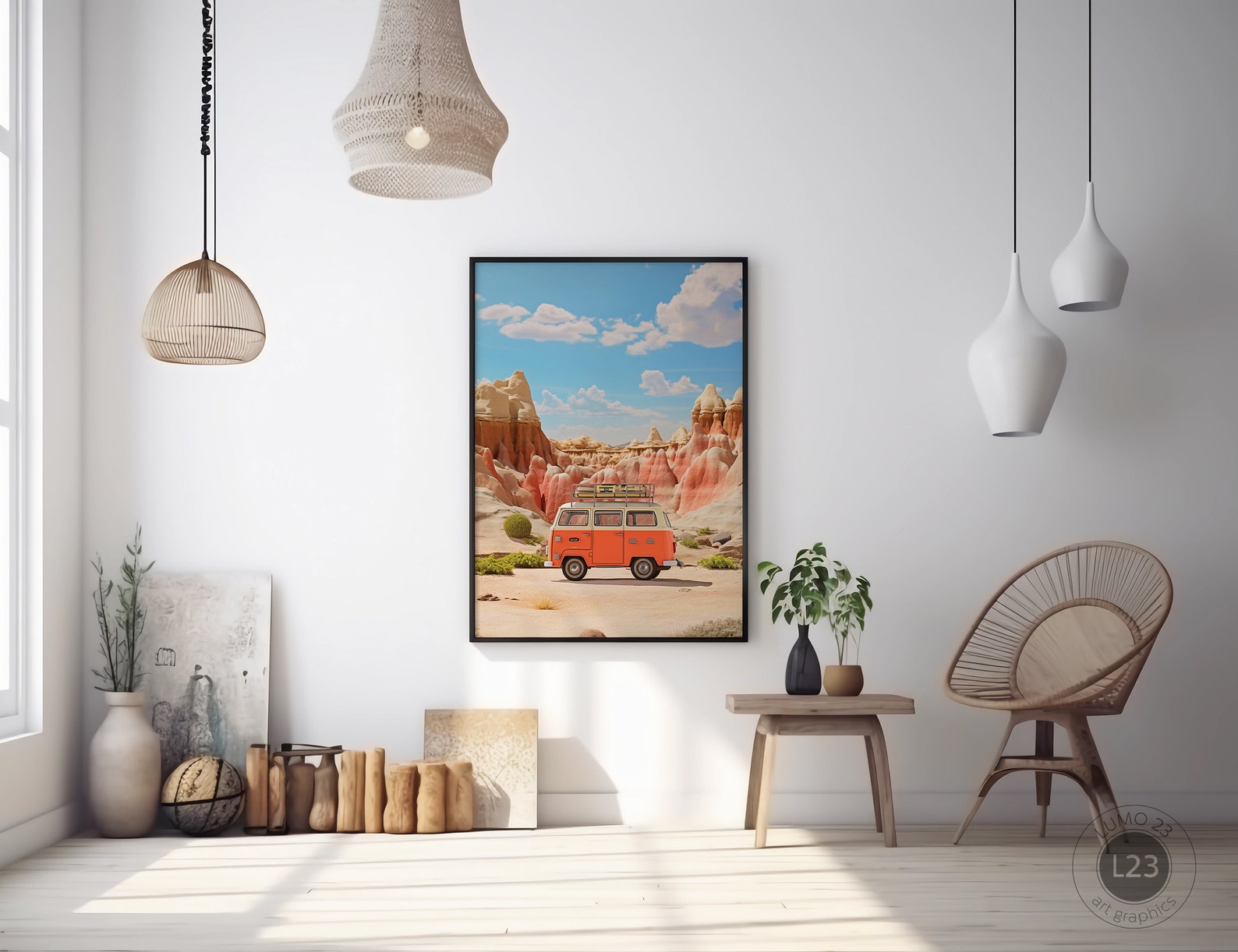 Vintage Camper Art Print Road Trip Poster Orange Camper Van Desert Van ...