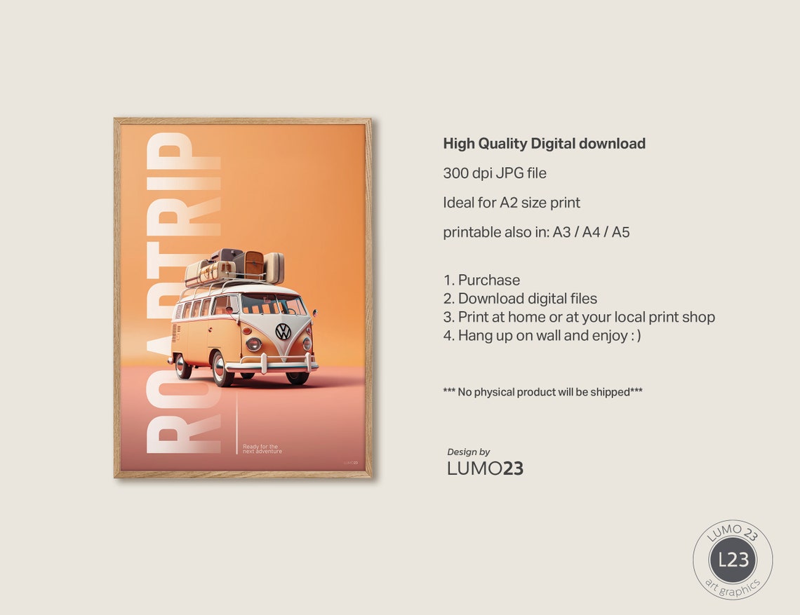 Retro VW Van Print Classic Car Art Road Trip Poster Design Orange VW ...