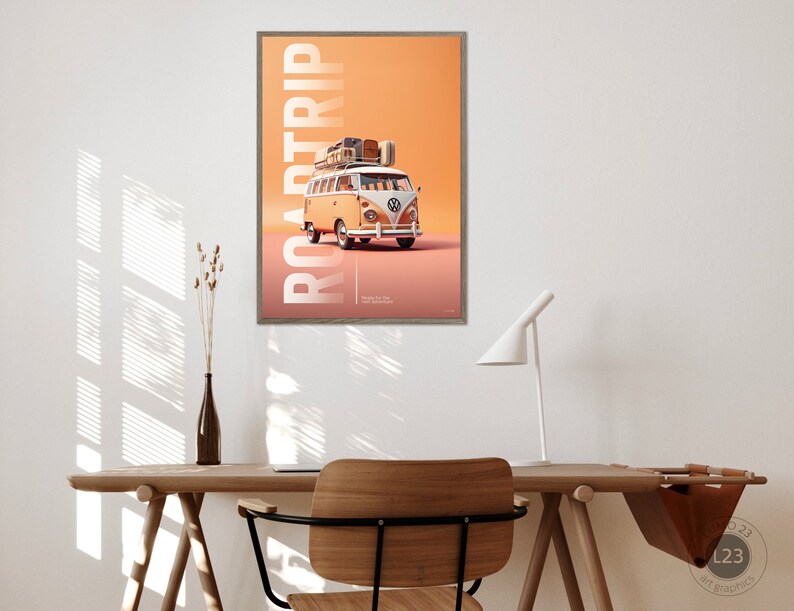 Retro VW Van Print Classic Car Art Road Trip Poster Design Orange VW ...