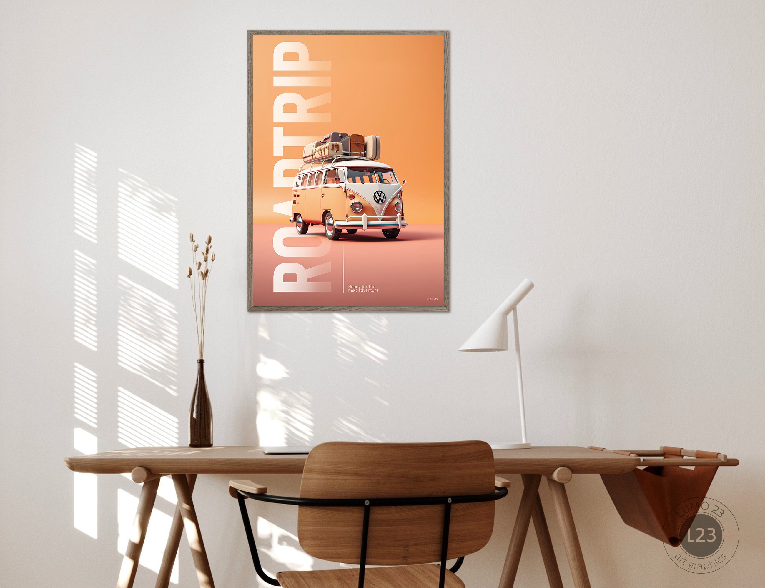 Retro VW Van Print Classic Car Art Road Trip Poster Design Orange VW ...