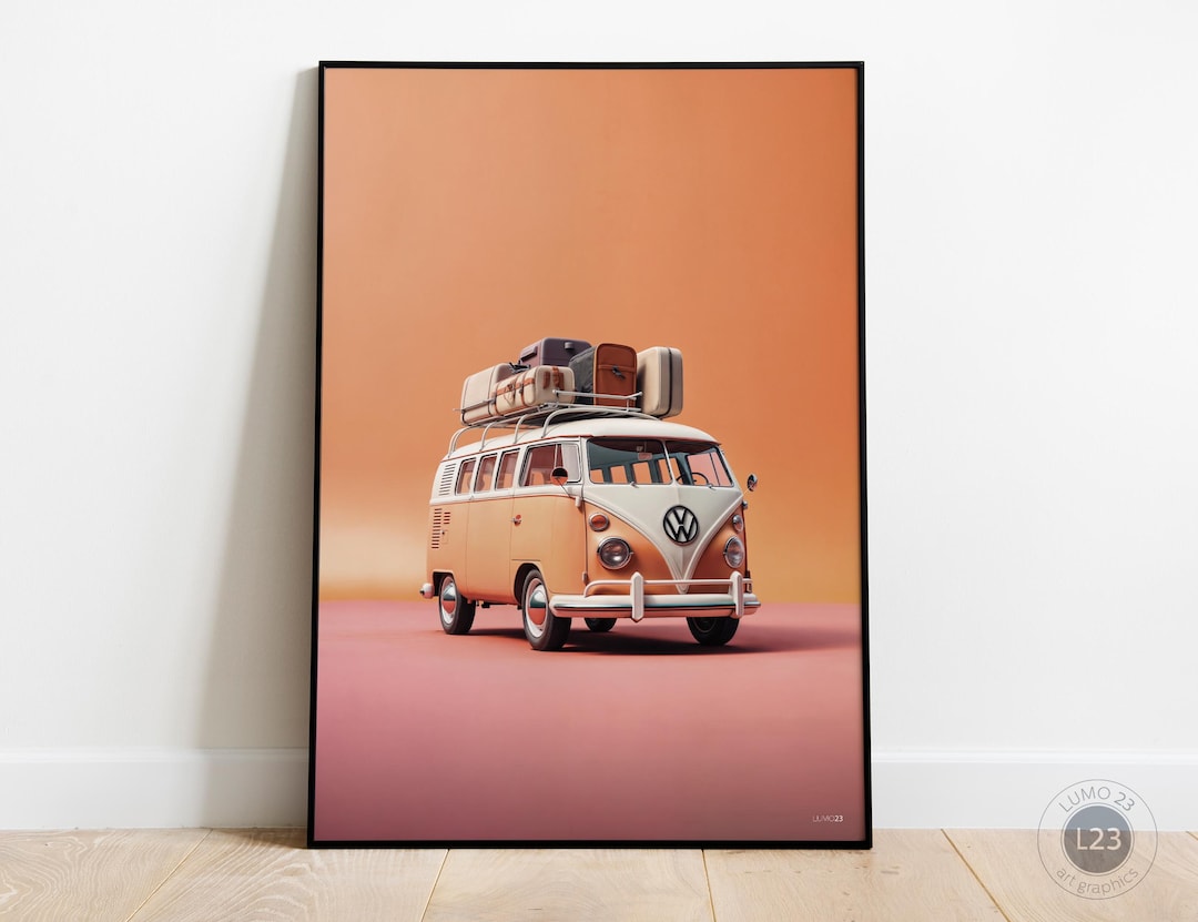 Retro VW Van Print Classic Car Art Road Trip Poster Design Orange VW ...