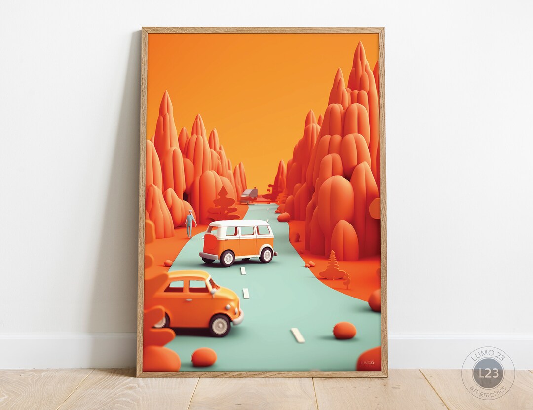 Camper Van Poster Wes Anderson Road Poster Orange Landscape Road Trip ...