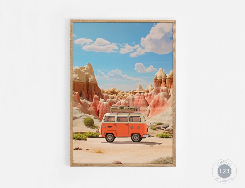 Vintage Camper Art Print Road Trip Poster Orange Camper Van Desert Van ...