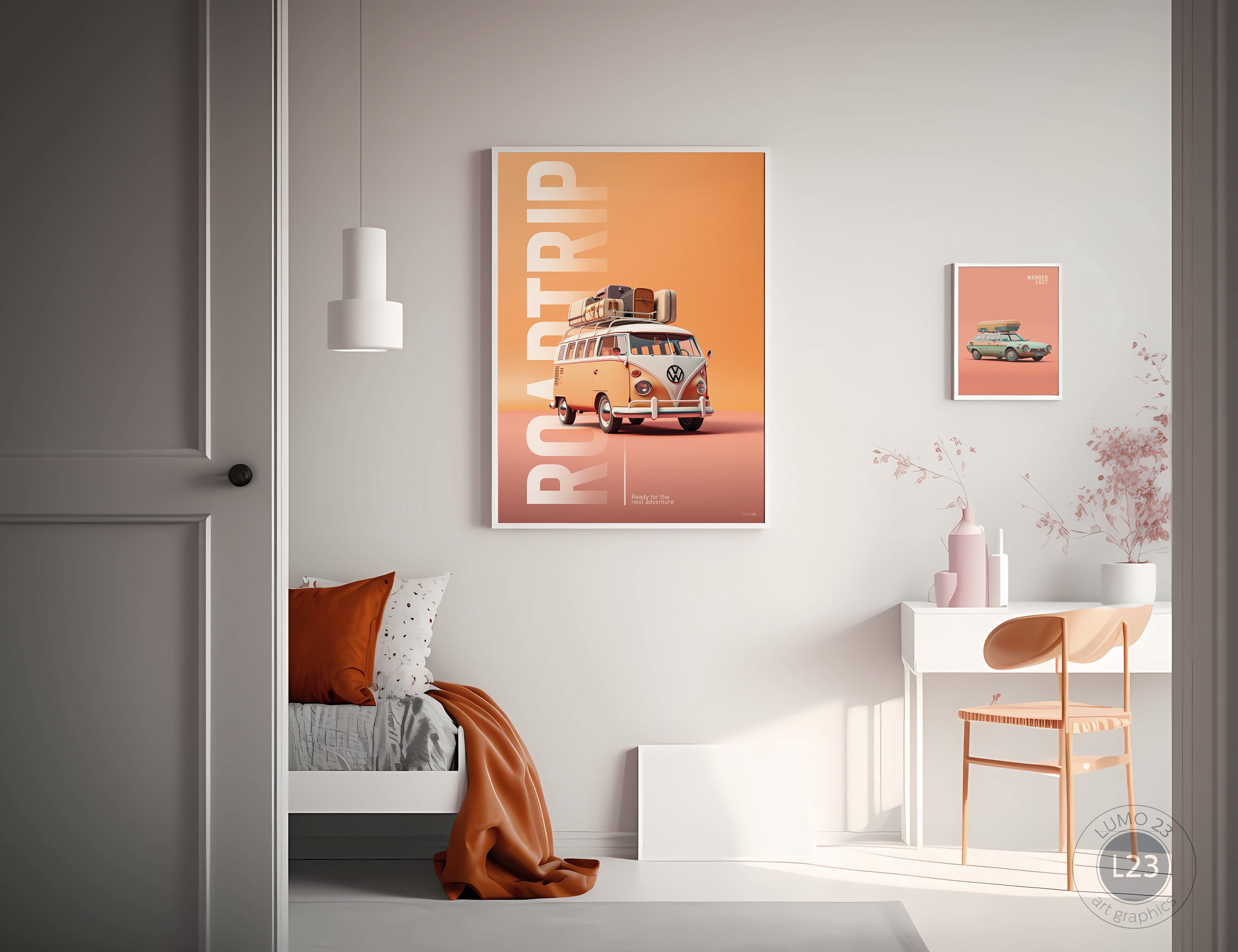 Retro VW Van Print Classic Car Art Road Trip Poster Design Orange VW ...