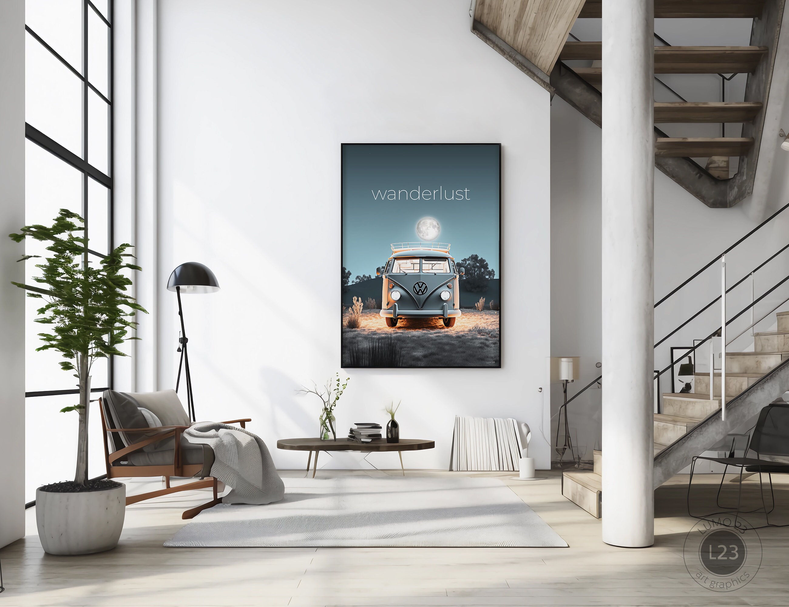 VW Campervan Wall Art / Wanderlust Poster With Full Moon / - Etsy