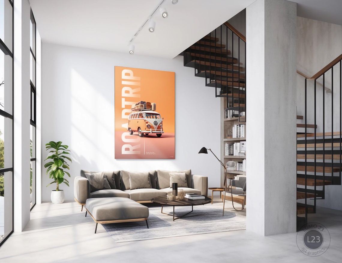 Retro VW Van Print Classic Car Art Road Trip Poster Design Orange VW ...