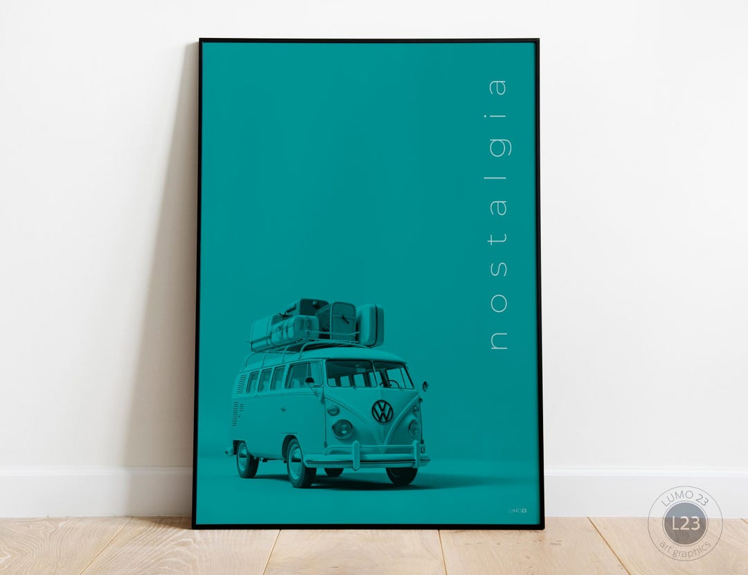 Retro VW Van Print Classic Car Art Road Trip Poster Design Blue VW Bus ...