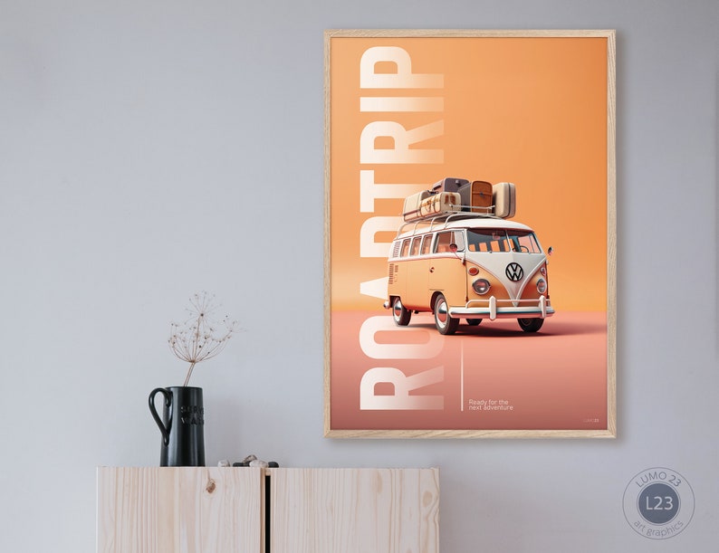 Retro VW Van Print Classic Car Art Road Trip Poster Design Orange VW ...