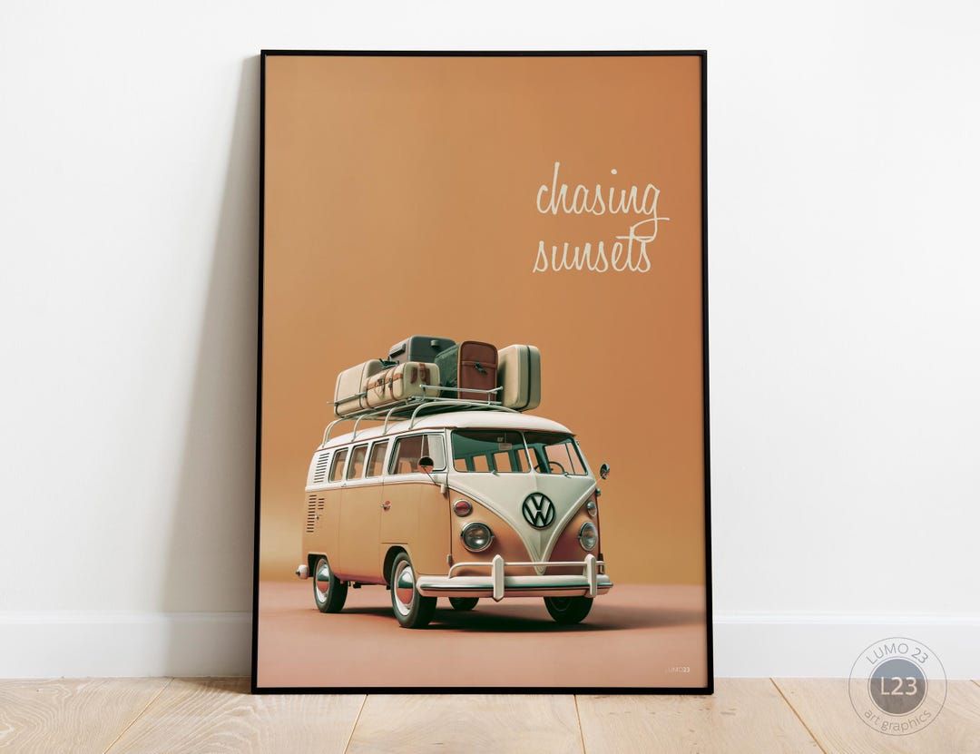 Retro VW Van Print Classic Car Art Road Trip Poster Design Yellow VW ...