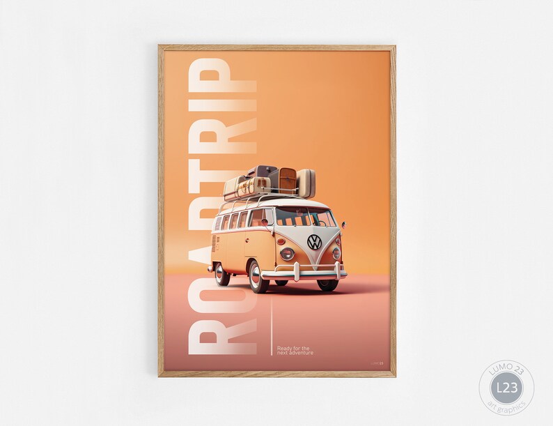 Retro VW Van Print Classic Car Art Road Trip Poster Design Orange VW ...