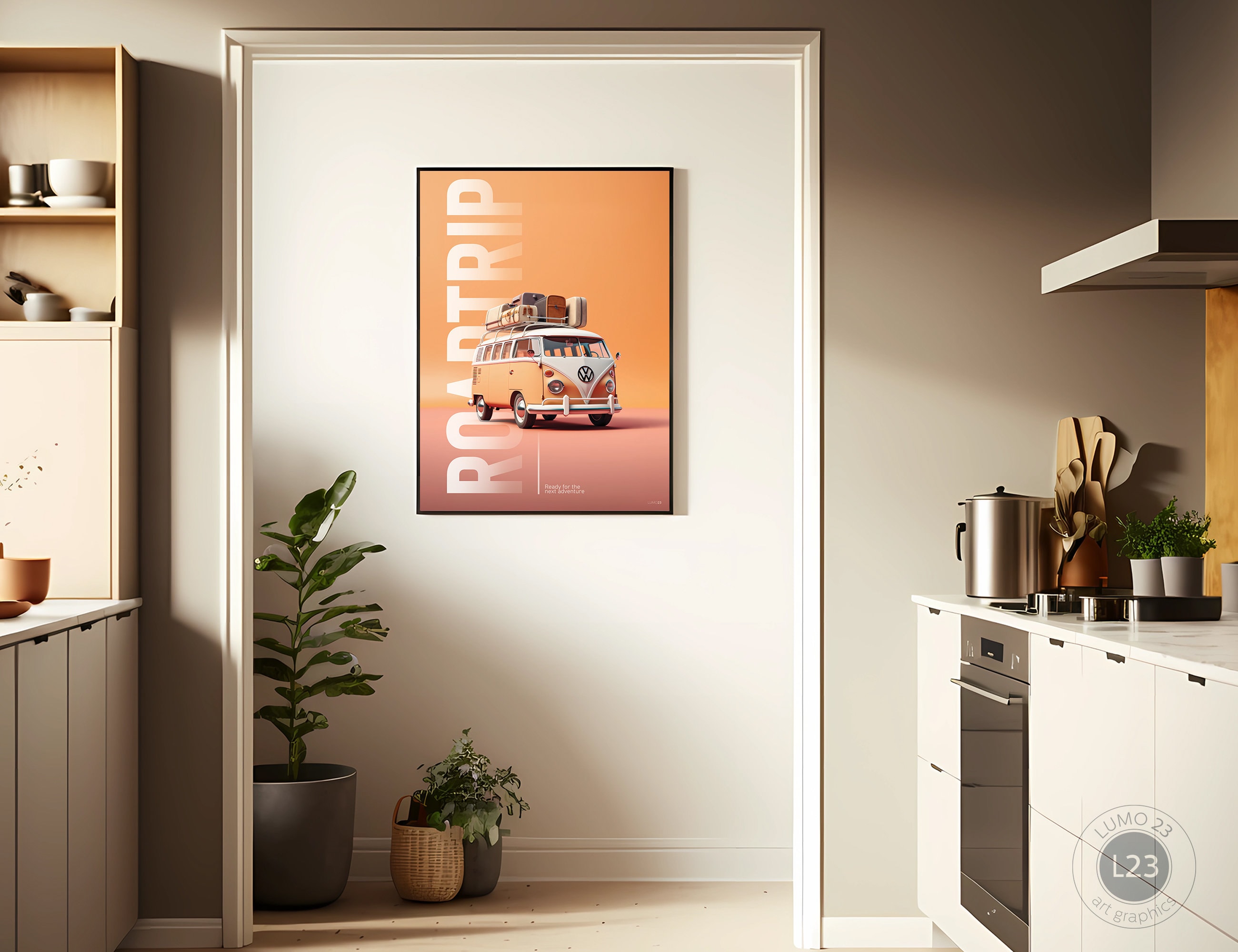 Retro VW Van Print Classic Car Art Road Trip Poster Design Orange VW ...