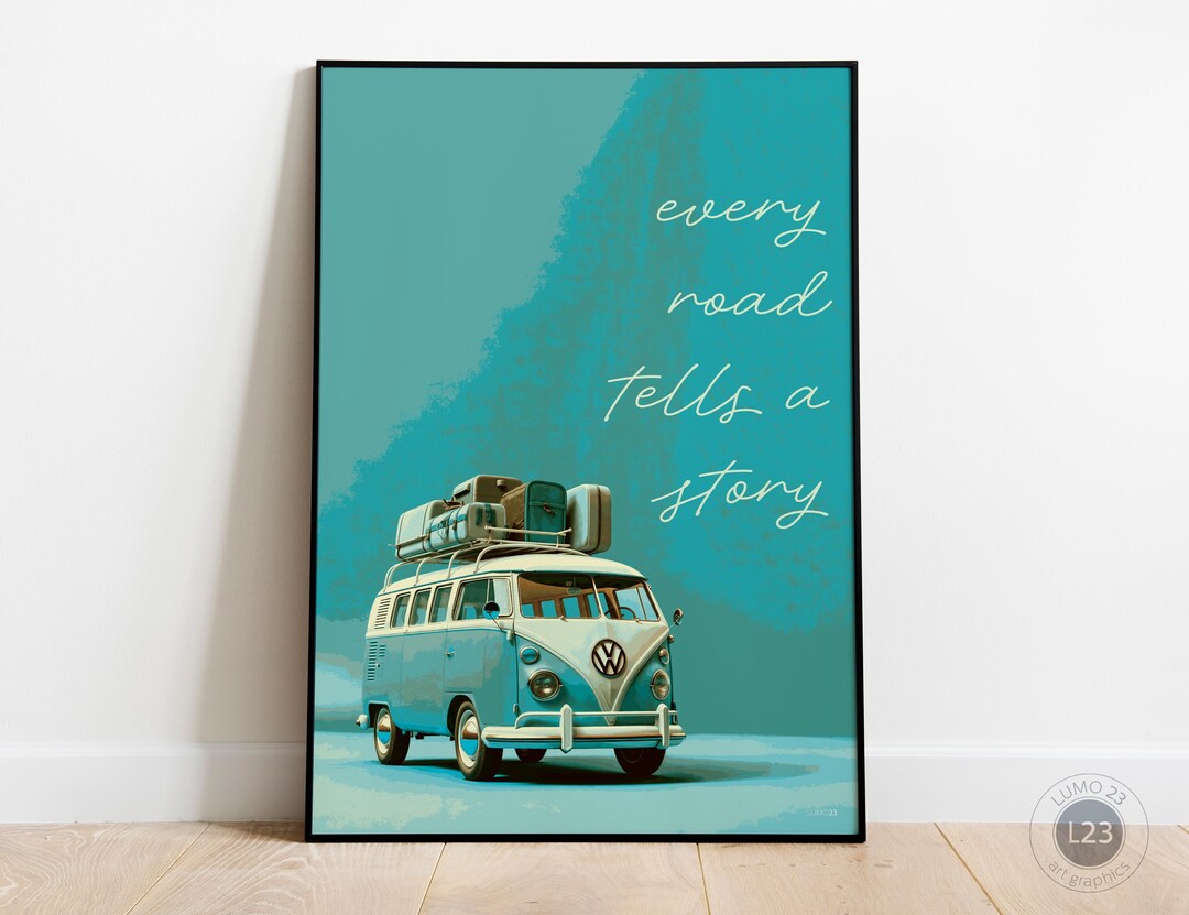 Retro VW Van Print Classic Car Art Road Trip Poster Design Blue VW Bus ...