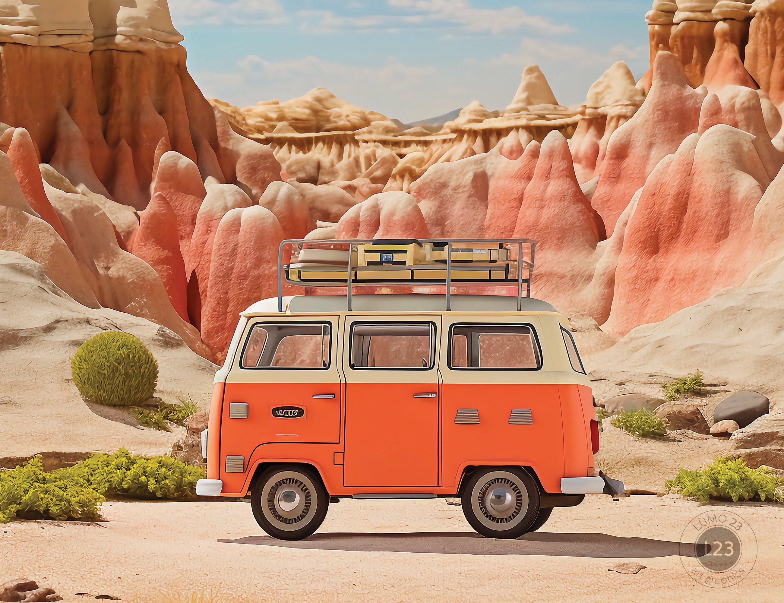 Vintage Camper Art Print Road Trip Poster Orange Camper Van Desert Van ...