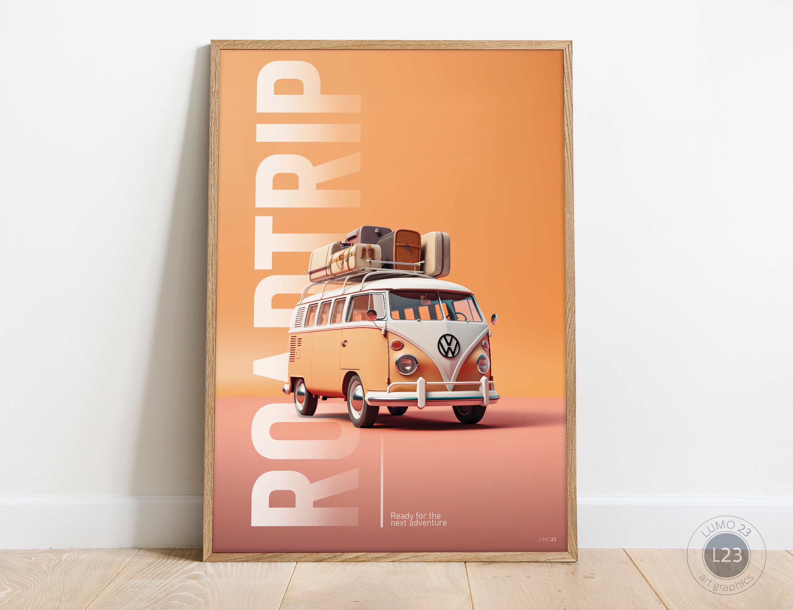 Retro VW Van Print Classic Car Art Road Trip Poster Design Orange VW ...