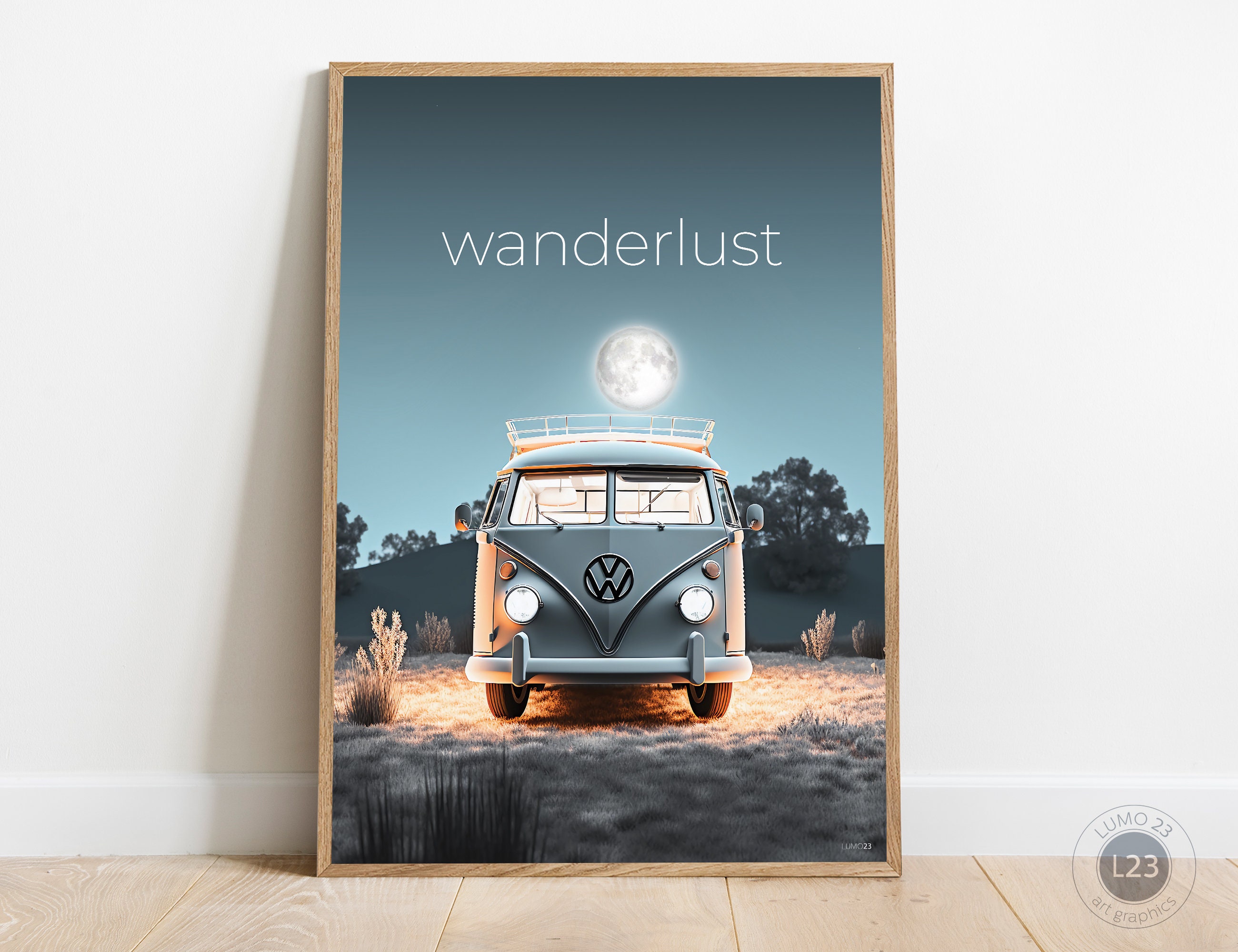 VW Campervan Wall Art Wanderlust Poster Full Moon Print Road Trip ...