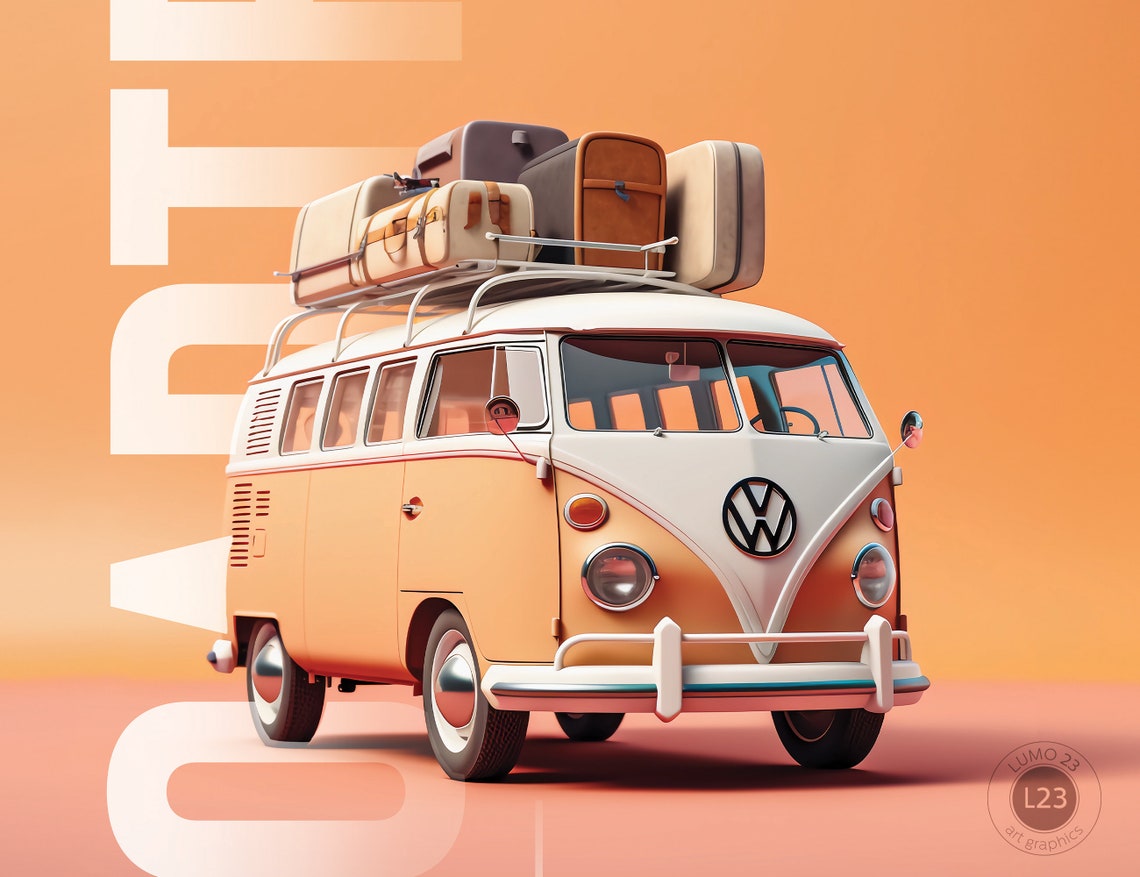 Retro VW Van Print Classic Car Art Road Trip Poster Design Orange VW ...