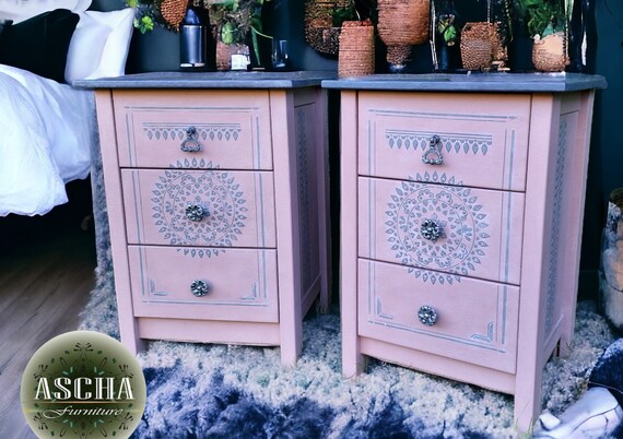 Pair of Bespoke Pine Bedside Cabinets Tables Restored Luxury in Pink Grey Etsy