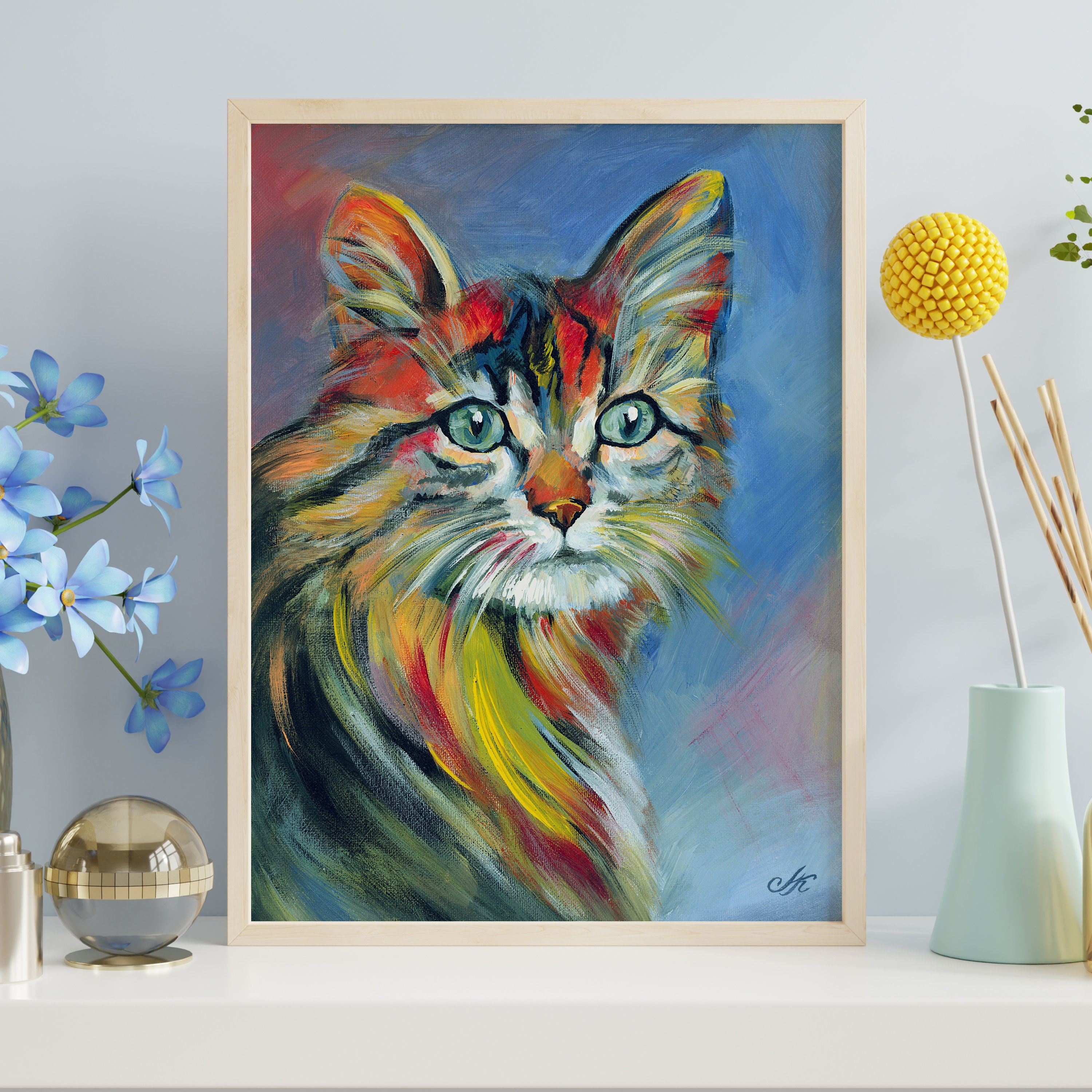 Cat Print From Painting Cat Wall Art Decor Colorful Cat Lover Gift Pet ...