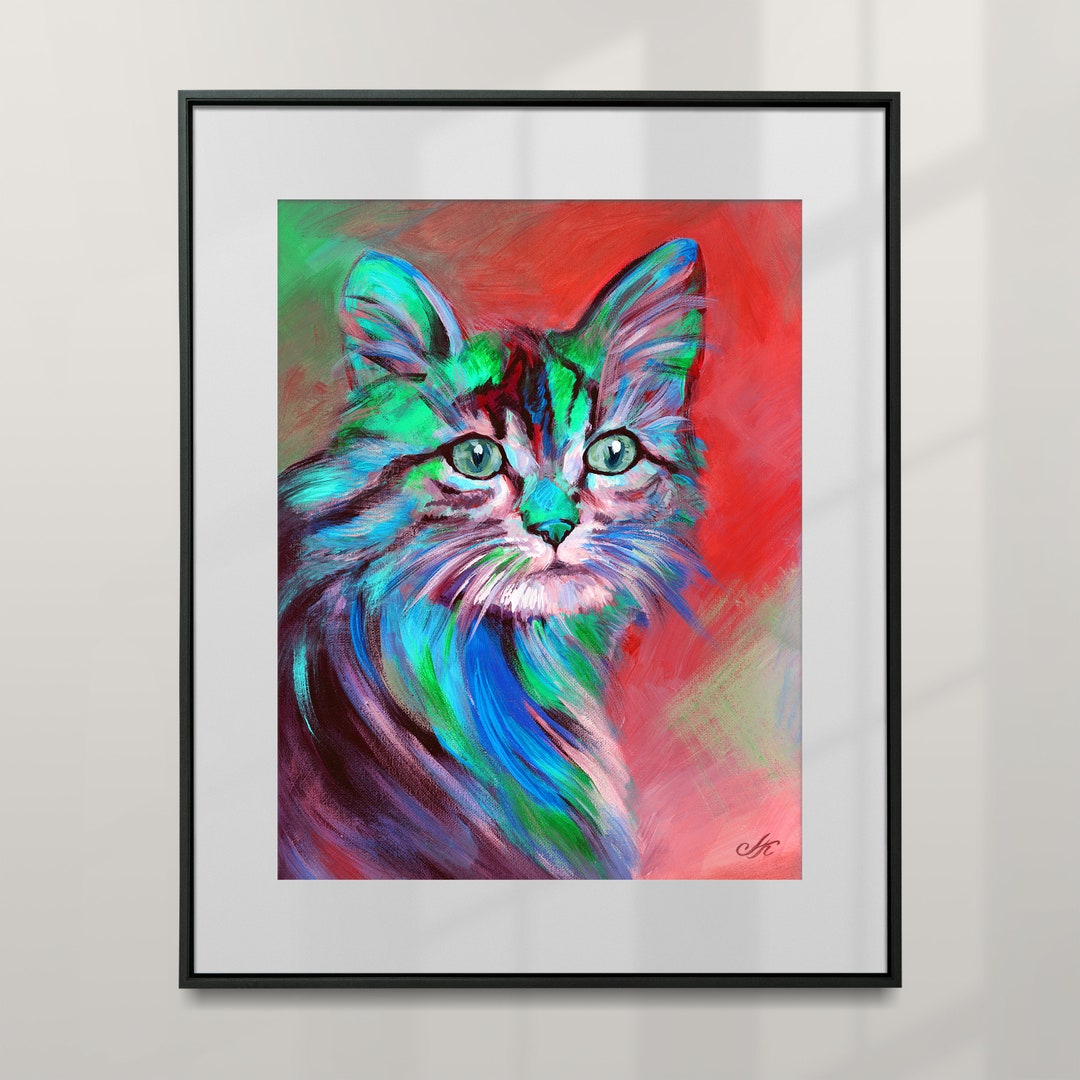 Cat Print From Painting Cat Wall Art Decor Colorful Cat Lover Gift Pet ...