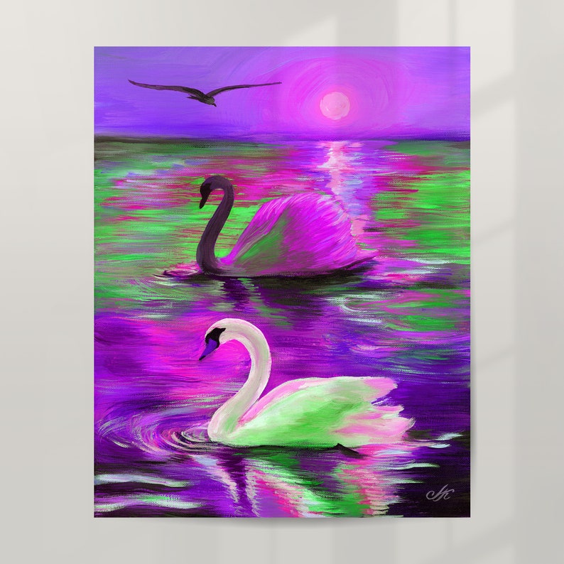 Colorful Swans Poster From Painting Art Swans Room Decor Print ...