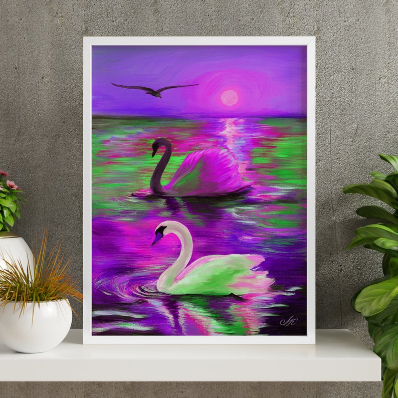 Colorful Swans Poster From Acrylic Painting Art Swans Room Decor Print ...