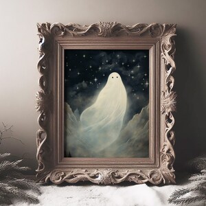 Spooky Ghost Starry Night Oil Painting, Halloween Wall Art (digital ...