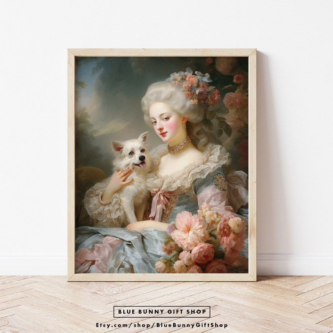 Marie Antoinette With Dog Art Print, Rococo Princess With Flowers Oil ...