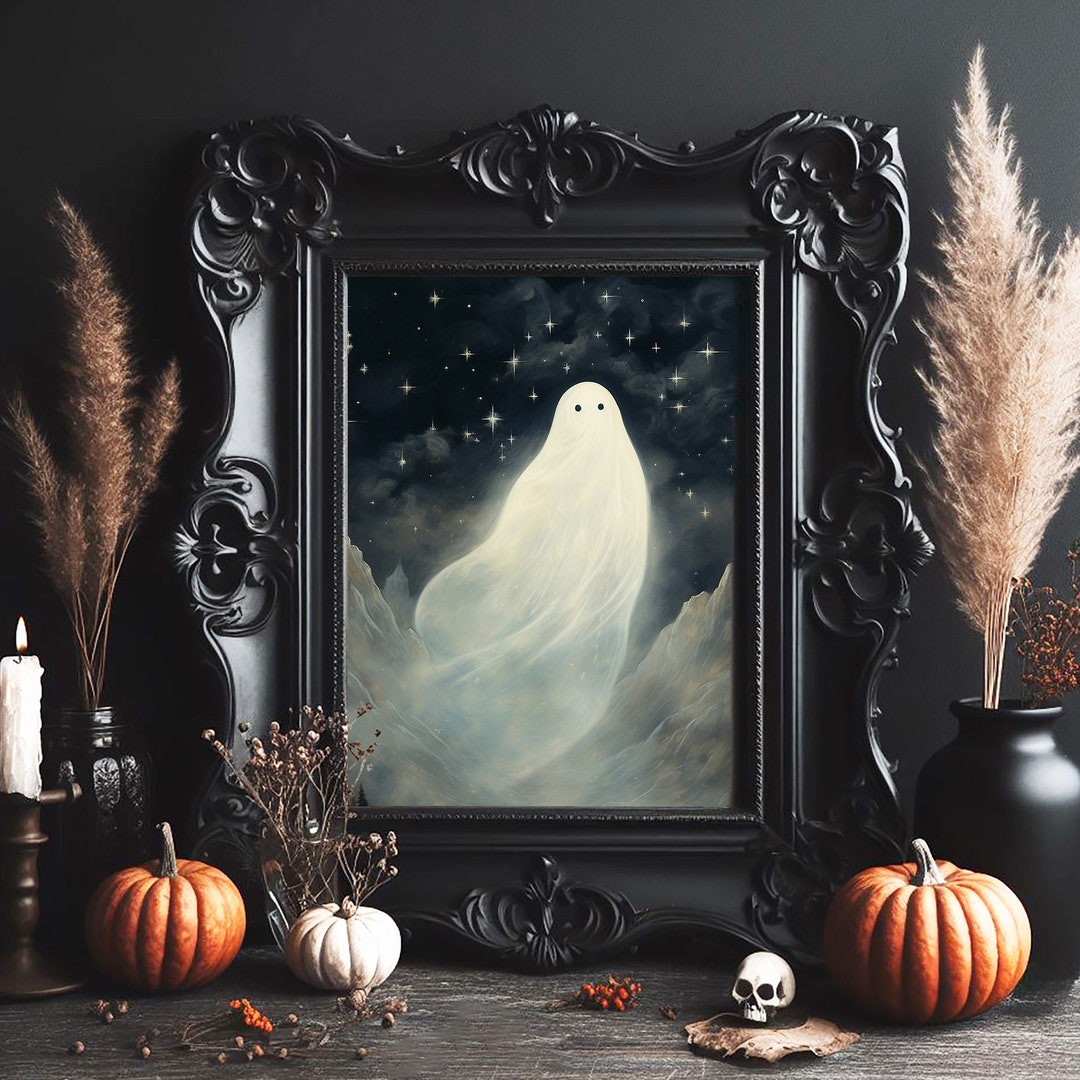 Spooky Ghost Starry Night Oil Painting, Halloween Wall Art (digital ...