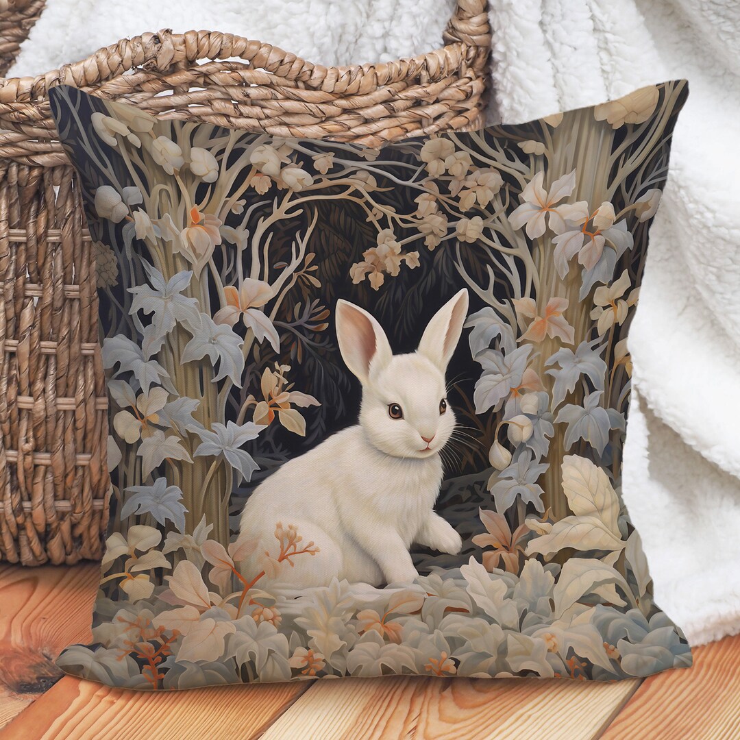 Cute White Rabbit Pillow, Winter Forest Bunny Decorative Cushion ...