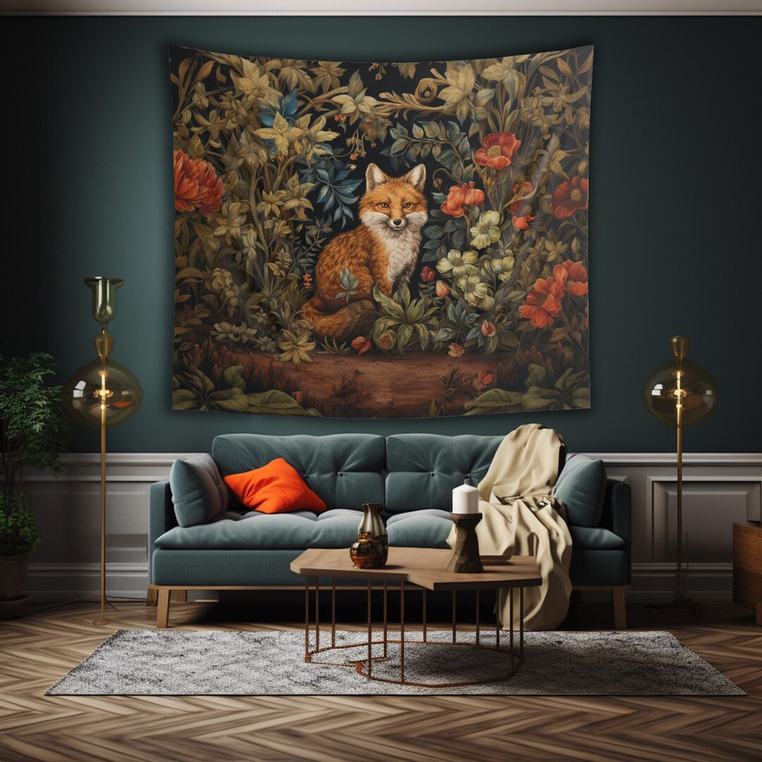 Vintage Fox Tapestry, William Morris Inspired Botanical Wall Art - Etsy