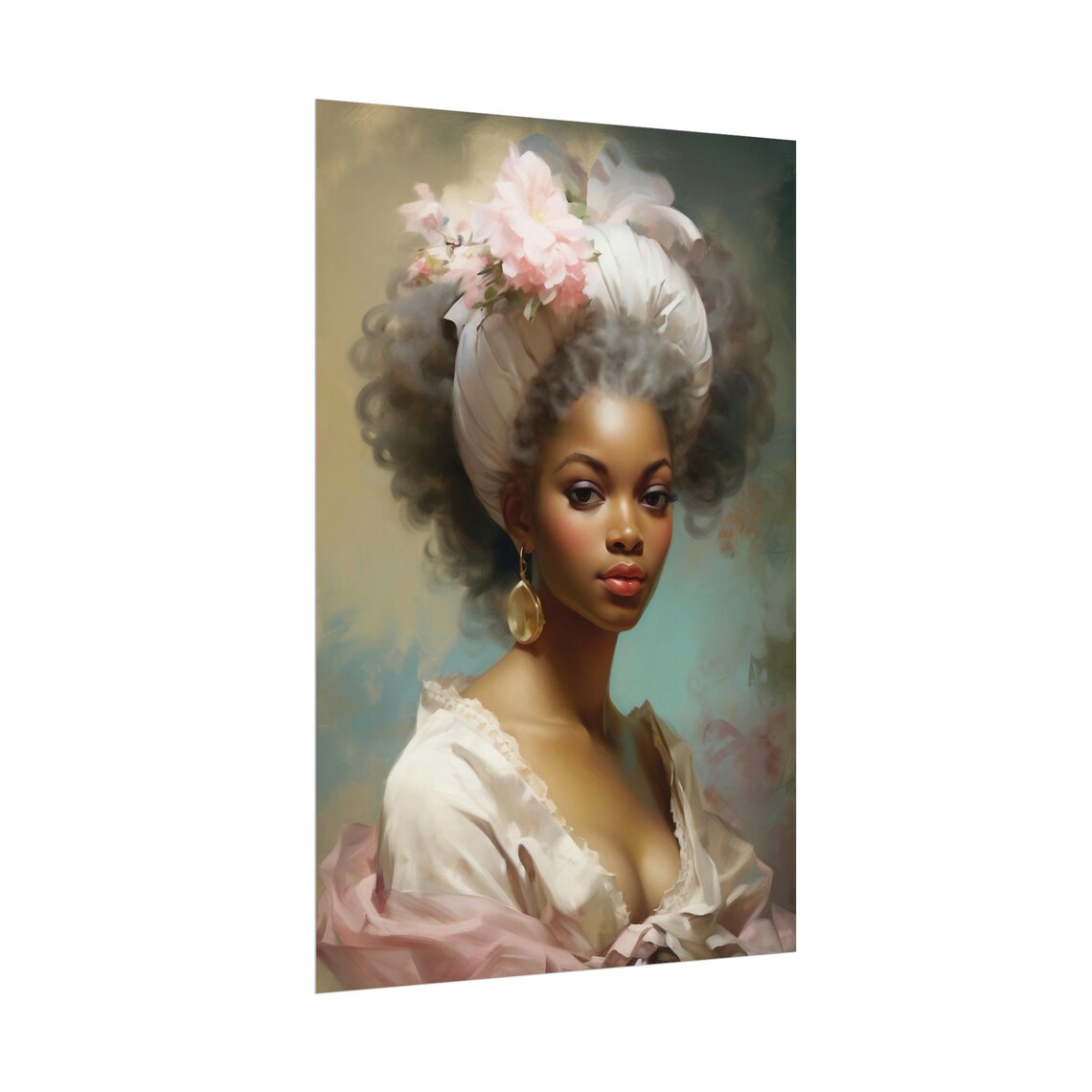 Rococo African Beauty Art Print, Pink Floral Baroque Oil Painting - Etsy