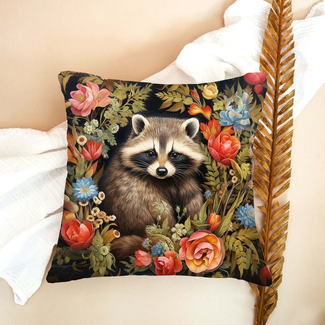 Forest Raccoon Pillow, Vibrant Botanical Floral Wreath Cushion, Vintage ...