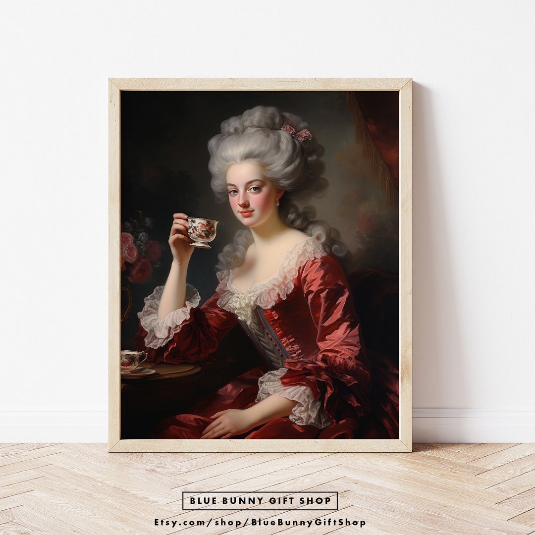 Burgundy Rococo Lady Art Print, Marie Antoinette Tea Time Oil Painting ...