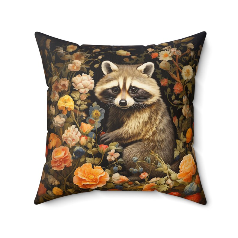Moody Floral Raccoon Pillow, Fall Botanical Racoon Cushion, Cottagecore ...