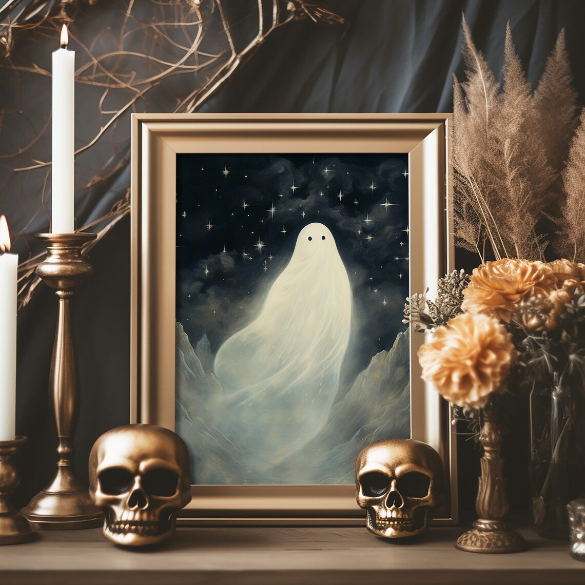 Spooky Ghost Starry Night Oil Painting, Halloween Wall Art (digital ...