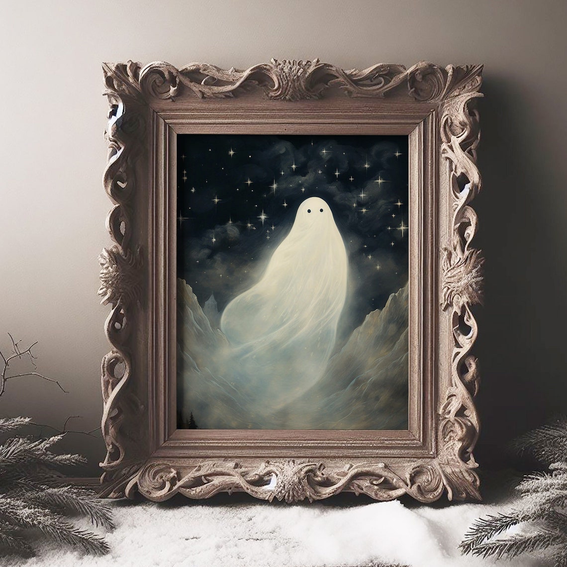 Spooky Ghost Starry Night Oil Painting, Halloween Wall Art (digital ...