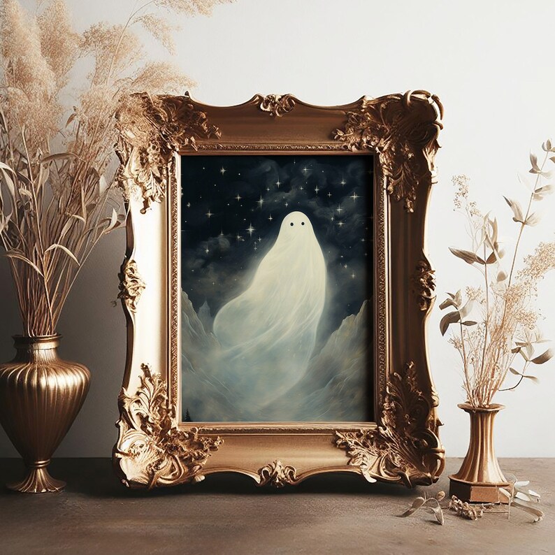 Spooky Ghost Starry Night Oil Painting, Halloween Wall Art (digital ...