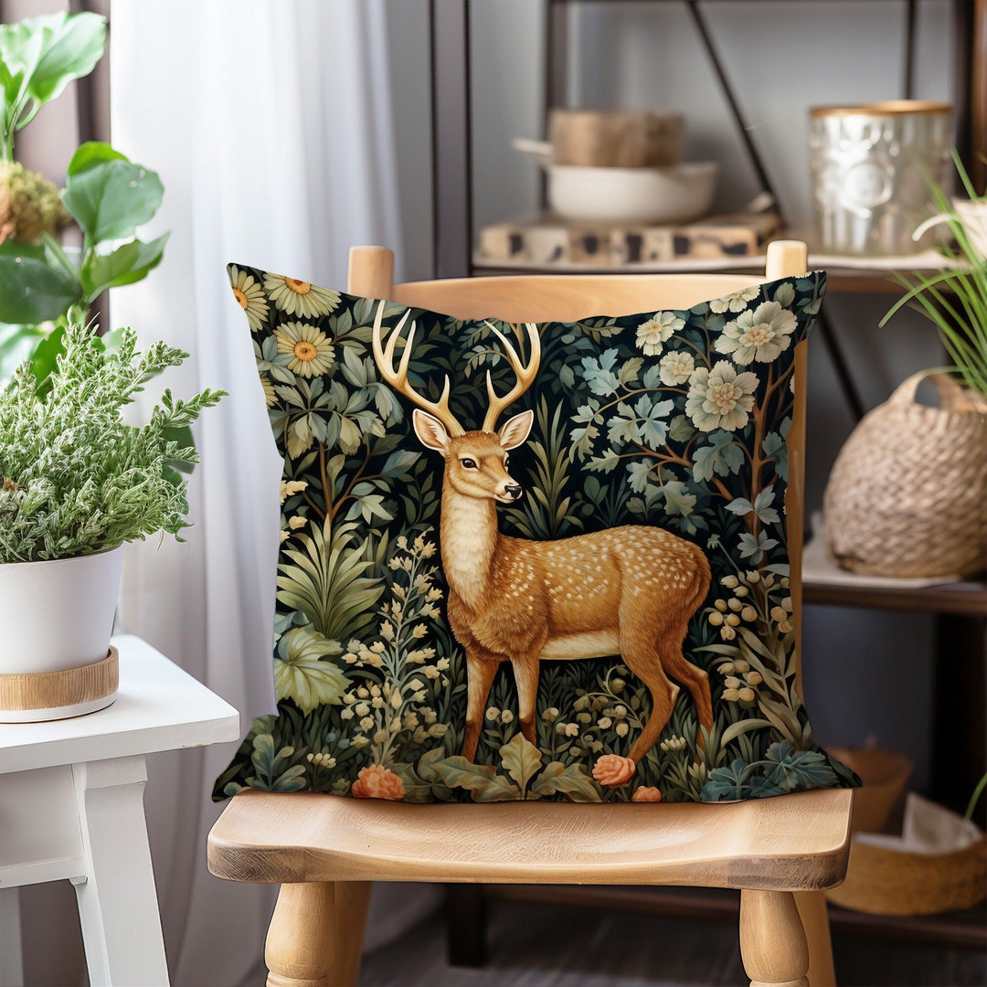 Whimsical Deer Pillow Vintage Forest William Morris-inspired Decorative ...