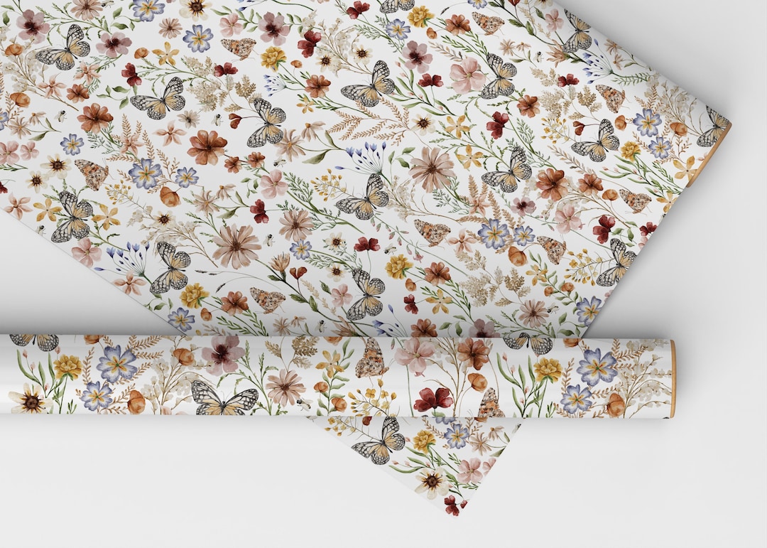 Rustic Wildflower Wrapping Paper Vintage Pressed Flowers Butterflies ...