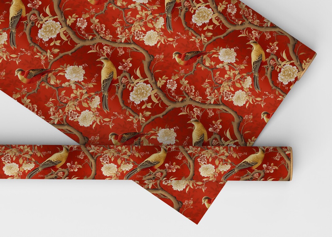 Vibrant Red Chinoiserie Wrapping Paper Peony Flowers & Birds Wedding ...