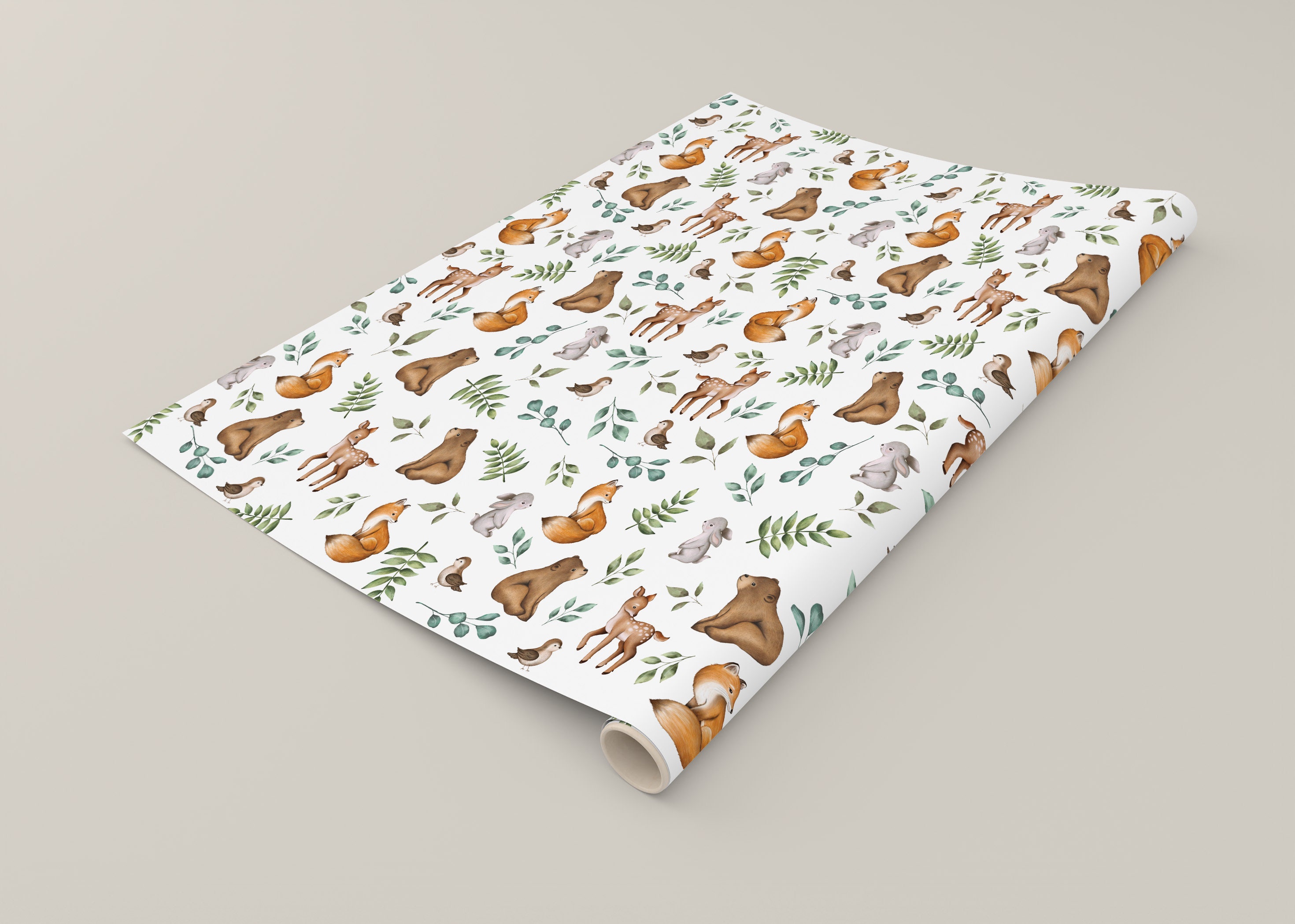 Modern Woodland Animals Wrapping Paper Forest Friends Greenery Birthday ...